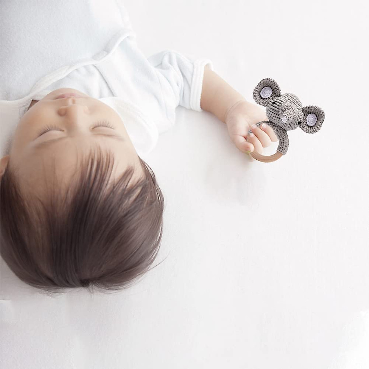 Youuys Wooden Baby Rattle Toys, Easter Rattle for Baby Crochet Elephant Rattle Toy Natural Wood, Shaker Rattle for Hand Grips, Boy Girl First Rattle Gift, Newborn Gifts (Elephant)