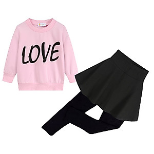 DDSOL Toddler Little Girl Clothes Set Valentine Outfit Pink Love Heart Long Sleeve Sweatshirt Top and Pant with Legging Skirt Kid Fall Clothing 2PCS Size 7/8