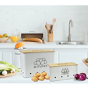 Xbopetda Set of 2 Vintage Cream White Potato Onion Kitchen Storage Canisters Jars Pots, Potato & Onion Bin with Aerating Holes & Wooden Lid, Food Container Sets, Vegeatables Storage