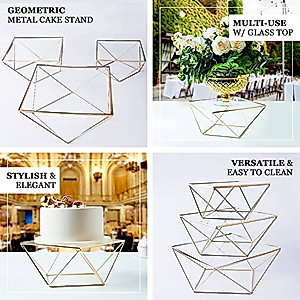 Efavormart 10" Square Gold Metal Geometric Cake Stand Gold Cake Riser with Glass Top Glossy Metallic Finish for Dessert Cupcake Pastry Candy Display Plate Event, Birthday Party
