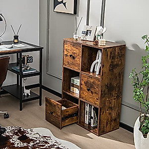 Giantex 6-Cube Bookcase with Drawers, 3-Tier Freestanding Wooden Bookshelf with Anti-toppling Device, Wood Cube Storage Organizer for Kids Room, Living Room, Study, Bedroom, Rustic Brown