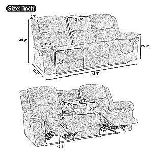 YUNLife&Home Manual Wall Hugger Chair with Cup Holder,2 USB Ports&Power Sockets,Double Reclining Sectional Sofa 3-Seat Couch for Living Room Apartment Office RV Theater Furniture Set, Dark Blue 83.8"w