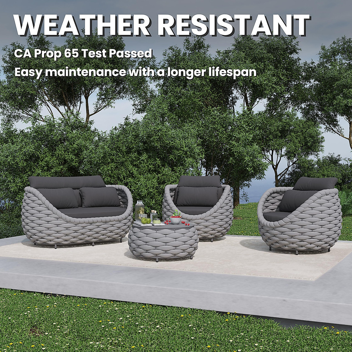 Erotr 4 Pieces Assembled Patio Conversation Sets, Hand Woven Rope Outdoor Furniture Sofa Set - Aluminum Modern Cushions Couch Armchair Table Set - All Weather for Indoor Deck Porch Backyard Hotel