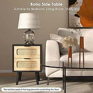 YMBSBUY Rattan Nightstand Set of 2,Night Stand Bedside Table with 2 Drawers,Mid Century Modern Nightstand End Table for Bedroom,Dorm,Small Spaces,Boho Wood Side Table with Storage,Black,2 Pack