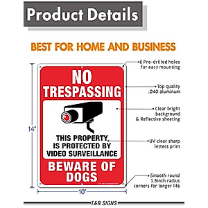 No Trespassing This Property Is Protected By Video Surveillance Beware Of Dogs Metal Reflective Sign - 14 x 10 Inches .040 Aluminum - 6 Pre-Drilled Holes - UV Protected, Waterproof and Fade Resistant