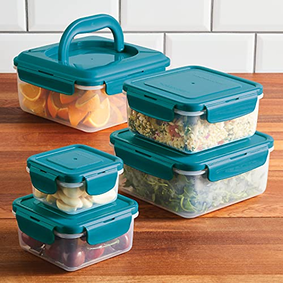 Rachael Ray Leak-Proof Nestable Container Food Storage Bin Set, 10-Piece Square, Teal Lid