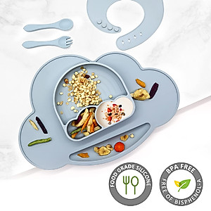 Baby Feeding Set 5 Pack - Toddler Silicone Bibs Suction Divided Plate Placemat Spoon Fork - Baby Led Weaning Feeding Supplies, Baby Eating Training Dishes Utensils (Dusty Blue)