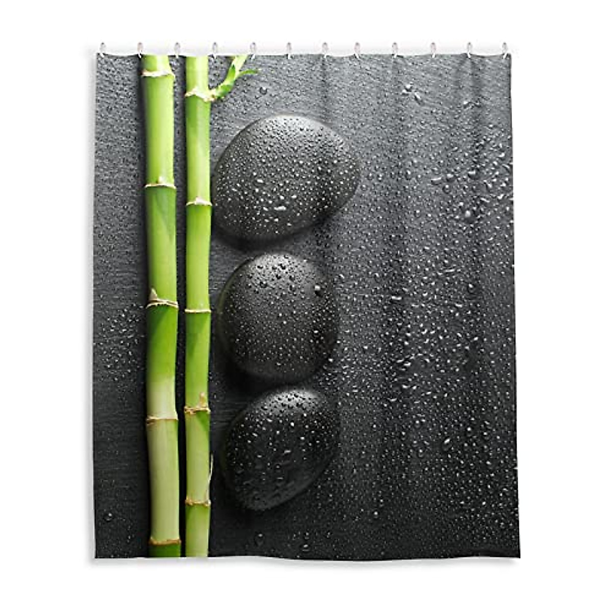 Black Zen Basalt Stones with Dew Green Bamboo on Dark Waterproof Shower Curtain, Machine Washable Polyester Cloth with 12 Hooks, No Smell Bath Tub Stall Curtain Liner 48"(W) x72(H)