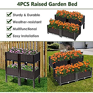 Renatone Set of 4 Raised Garden Beds Outdoor, Planter Box with Self-Watering Design, Drain Holes, Plastic Raised Garden Bed with Legs for Patio Yard Gardening, Grow Vegetables, Flowers, Herbs(Brown)