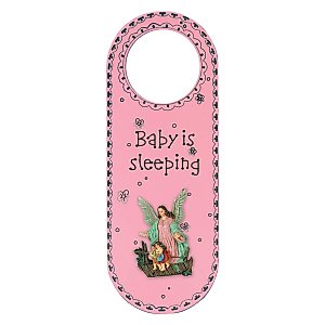 Baby is Sleeping Guardian Angel Nursery Door Knob Hanger, 10 Inch (Pink)