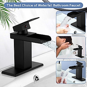 Black Waterfall Bathroom Faucet Single Handle Sink Vanity Faucets with Pop Up Drain 1 Or 3 Hole 4 Inch Bathroom Sink Faucet Water Mixer Tap Lavatory Sink Faucet Solid Brass Matte Black