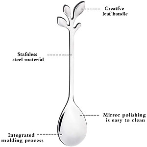 Stainless Steel Leaf Coffee Spoon, SZBAIDEKJ 10 Pcs Creative Tableware Dessert Spoons, Stirring, Mixing, Sugar, Stir, Ice Cream Teaspoon Set (Silver)