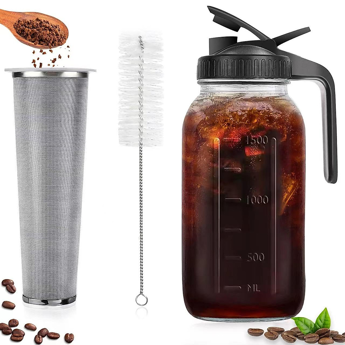 Cold Brew Coffee Maker, 64oz Wide Mouth iced Coffee Pitcher, with Handle & Stainless Steel Filter, Durable Glass, Sturdy mason jar pitcher, for iced coffee & Tea Lemonade, Fruit Drinks