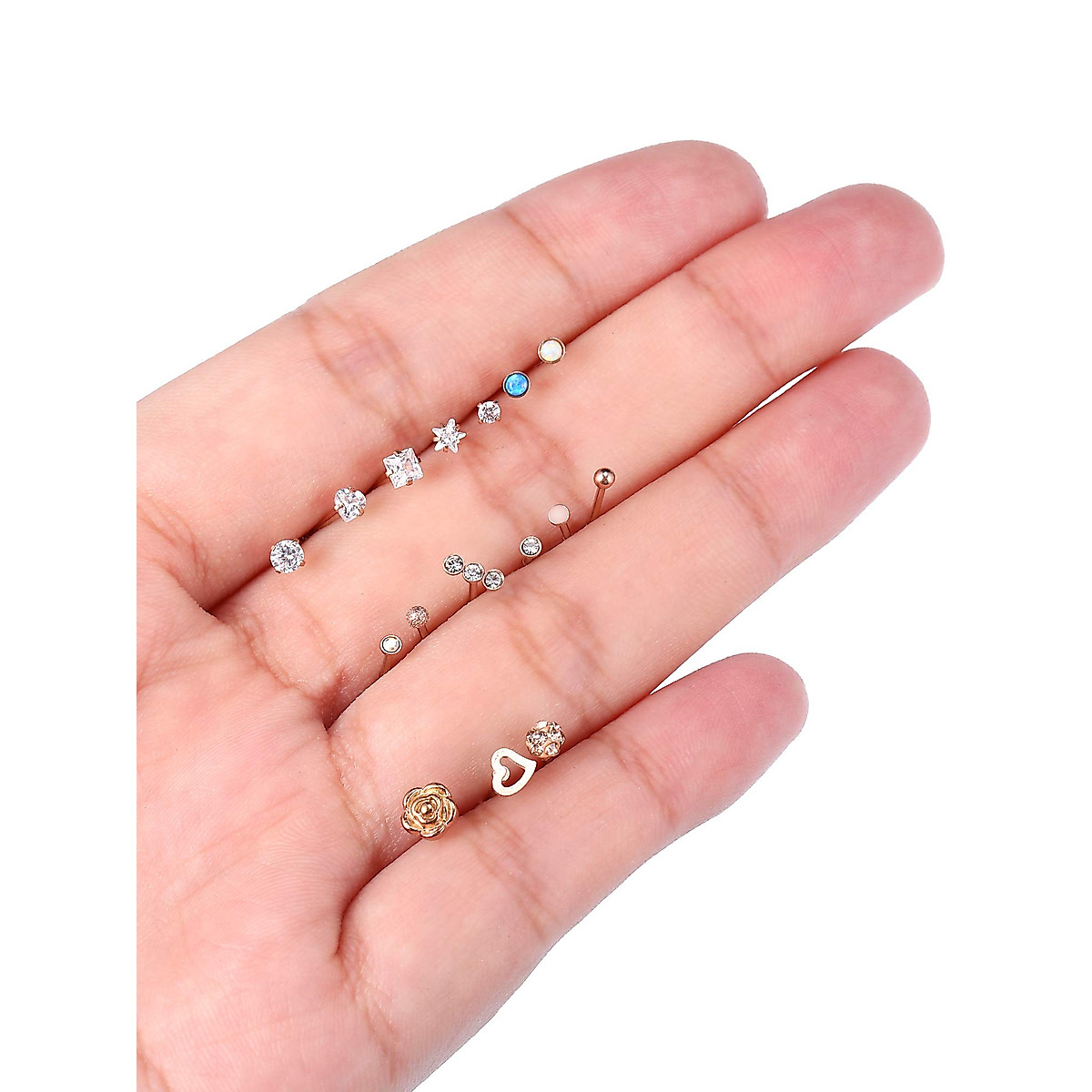 JOVITEC 16 Pieces Nose Stud for Women 20 g Nose Ring Set Bone Nose Studs l Shaped Surgical Stainless Steel Cartilage Tragus Piercing Rose Gold Ball Sapphire Labret Jewelry