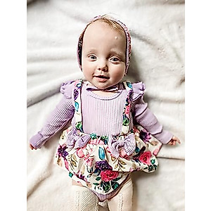 Unutiylo Baby Girl Clothes Newborn Suspender Outfit Purple Floral Romper Long Sleeve Dress Ruffle Jumpsuit with Headband Hat