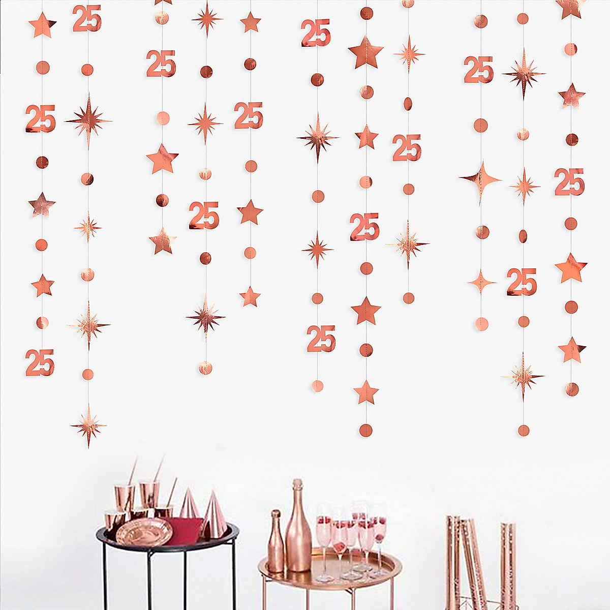 Rose Gold 25th Birthday Decorations Number 25 Circle Dot Twinkle Star Garland Metallic Hanging Streamer Bunting Banner Backdrop for Girls Twenty Five Year Old Birthday 25th Anniversary Party Supplies