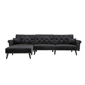 KoiHome Sectional Sofa Right Hand Facing Velvet Button Tufted, L Shape Chaise with Nail Head Detail, Conical Wood Leg, 2 Pillows, Modern & Elegant, Home Furniture for Living Room,Office, Black
