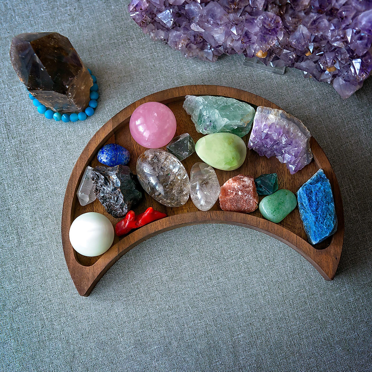 Curawood Moon Tray Crystal Holder - Display Your Crystals & Healing Stones - 10" x 5" Crescent Moon Tray for Crystals - Crystal Holder for Stones Display - Crystal Display Tray, Crystal Charging Plate