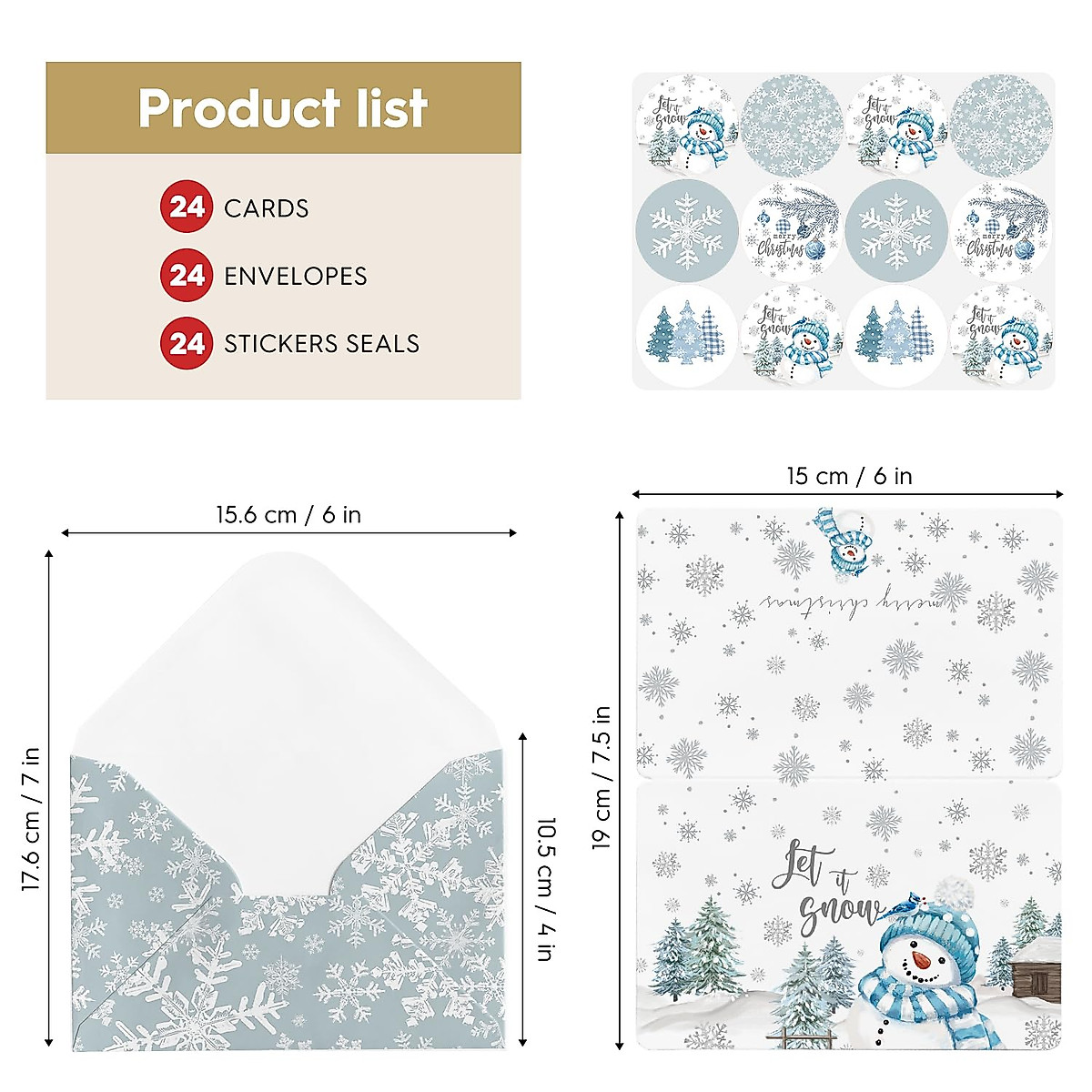 Artoid Mode 24 Pack Let It Snow Thank You Cards Snowflake Snowman Xmas Tree Greeting Cards Gift With Envelope Sticker Blank Note Cards for Birthday Wedding Baby Shower Bridal Shower, 4 x 6 Inch