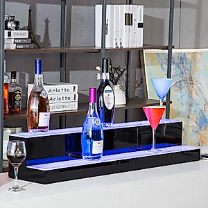 Alohappy LED Lighted Liquor Bottle Display Shelf, 40 in 2 Step LED Lighted Bar Shelf for Home Commercial Bar Drinks Acrylic Lighting Shelves High Gloss Black Finish with Remote Control