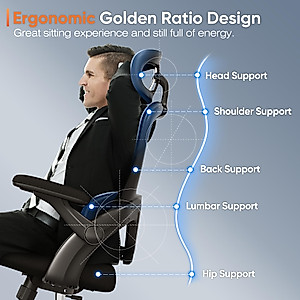 Ergonomic Office Chair, High Back Mesh Desk Chair with Adjustable Lumbar Support, 3D Flip-Up Arms, Headrest, Swivel Rolling Wheel, Big and Tall Comfy Wide Work Task Computer Gaming Chairs for Adults