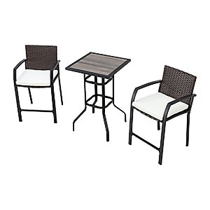LOKATSE HOME 3 Piece Outdoor Patio Bar Stool Set with High Top Square Table Wicker Conversation Furniture, White