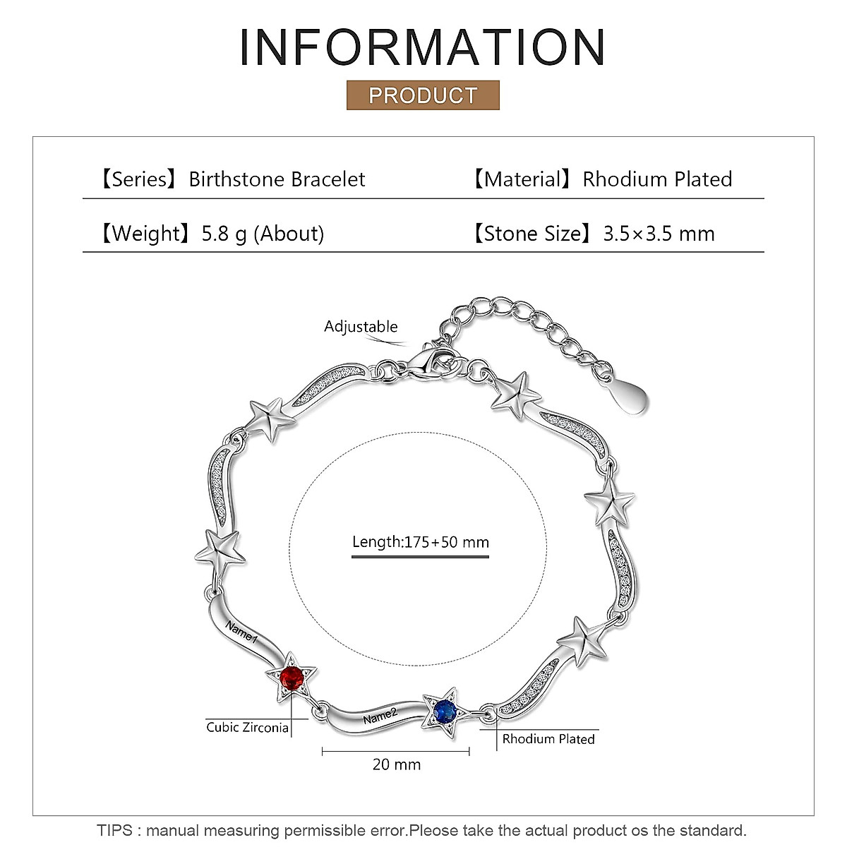 Tian Zhi Jiao Personalized Mothers Bracelets with 2 Simulated Birthstones Engraved Names Bracelets Family Jewelry for Women (2 stones)