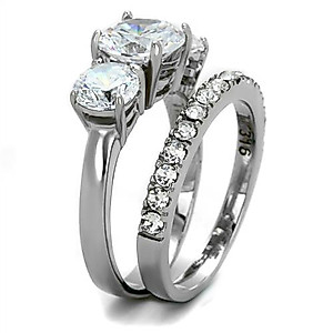 Marimor Jewelry Stainless Steel 4.17 Carat Round Cut 3 Stone Engagement and Wedding Ring Set Size 5