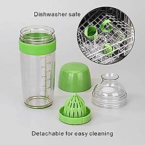 2 in 1 Salad Dressing Shaker Container with Citrus Juicer, Dripless Pour, Leak-free, Soft Grip, Dishwasher Safe, BPA Free, Homemade Salad Dressing Bottle Mixer Measure, 350ml (1-1/2 Cups)
