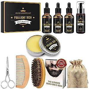 FULLLIGHT TECH Beard Kit for Men Grooming & Care W/Beard Wash/Shampoo,3 Packs Beard Oil,Beard Balm Leave-in Conditioner,Beard Comb,Beard Brush,Beard Scissor,Beard Grooming Kit Gifts for Men Husband