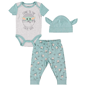 STAR WARS Baby Yoda Baby Boys Clothing 3-Piece Set with Baby Bodysuit, Pants, and Hat - Baby Boy Outfits (Grey/Shadow Green, 3-6M)