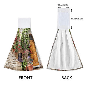 Kcldeci Hanging Kitchen Hand Towels Kitchen Wears Flowers Outside A Home in The Italian Hill Dishcloths Sets with Loop Hand Towels Kitchen Tie Towel 2 Pieces