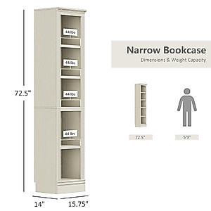JAHRSTIM 5-Shelf Narrow Bookcase, 72 in Tall Skinny Bookshelf, Small Bookshelf Floor Standing Display Storage Shelves Home Decor Furniture for Home Office, Living Room, Bed Room, Cream