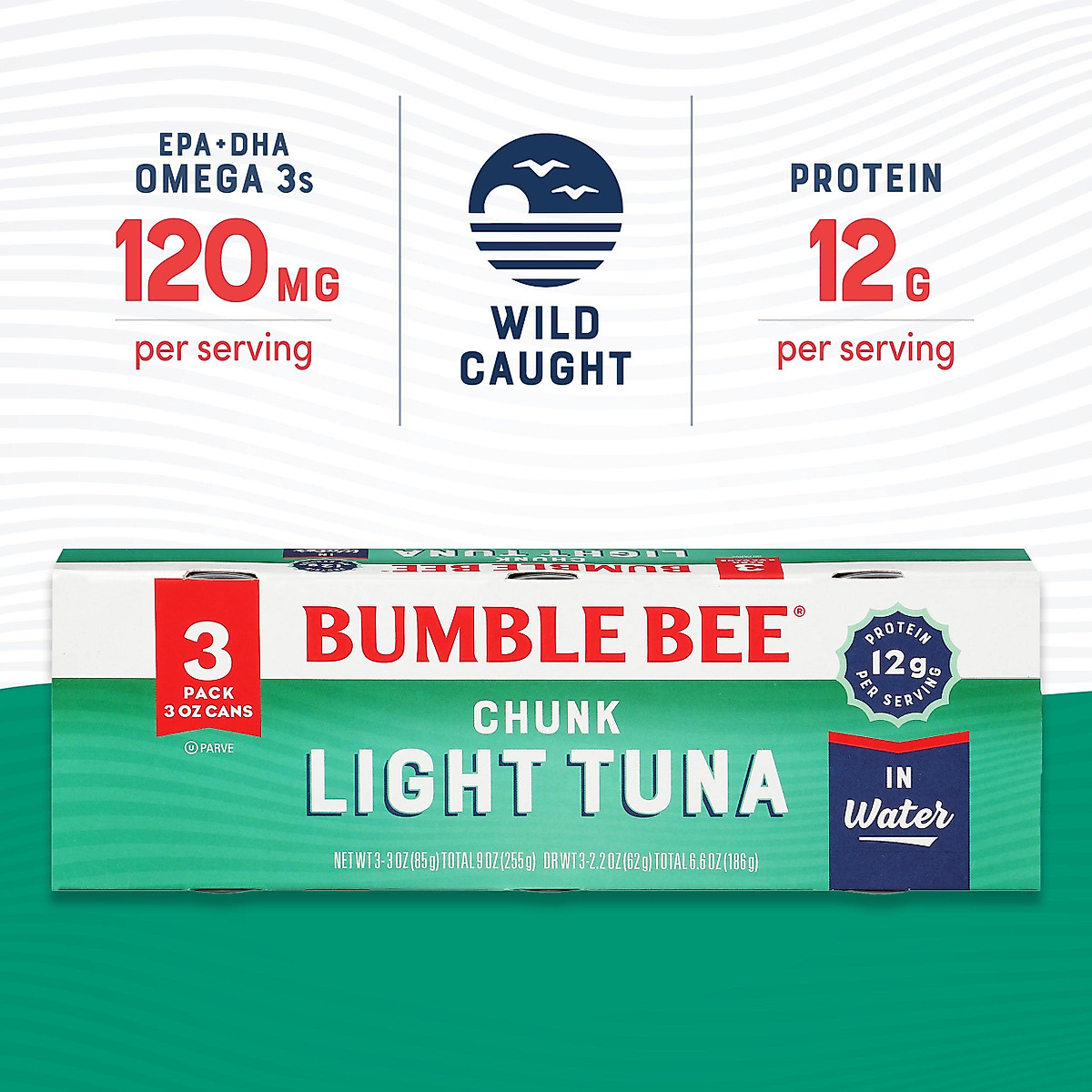 Bumble Bee Chunk Light Tuna In Water, 3 oz Cans (8 Packs of 3, 24 Cans Total) - Wild Caught Skipjack Tuna - 12g Protein Per Serving - MSC Certified Sustainable Seafood, Non-GMO, Gluten Free, Kosher