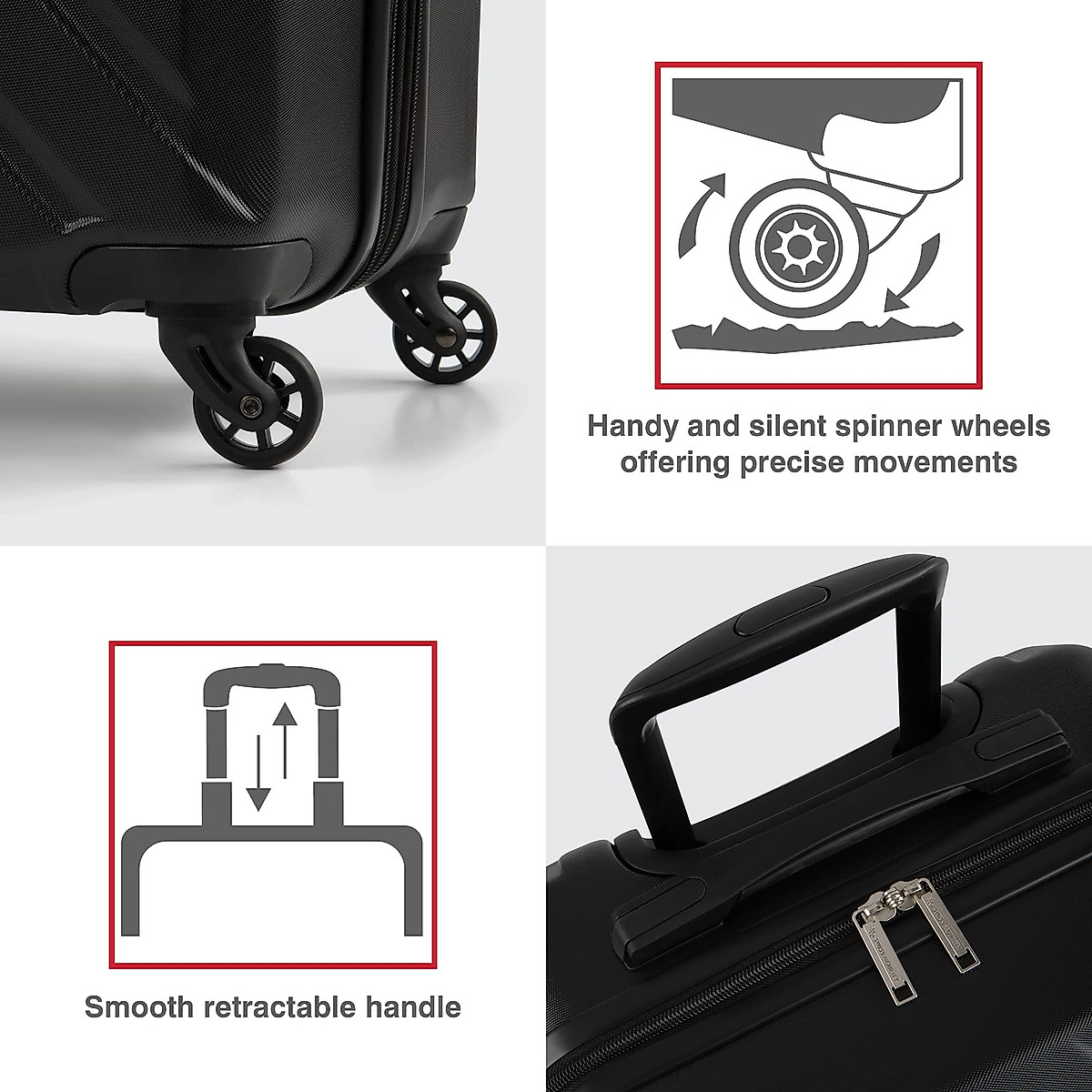SWISS MOBILITY AHB Collection 3 Piece Hard Shell Luggage Set, Expandable Suitcases with 360-Degree Spinner Wheels, Retractable Handle, 20 Inch Carry On, 24 Inch Mid-size, 28 Inch Large Bags, Black