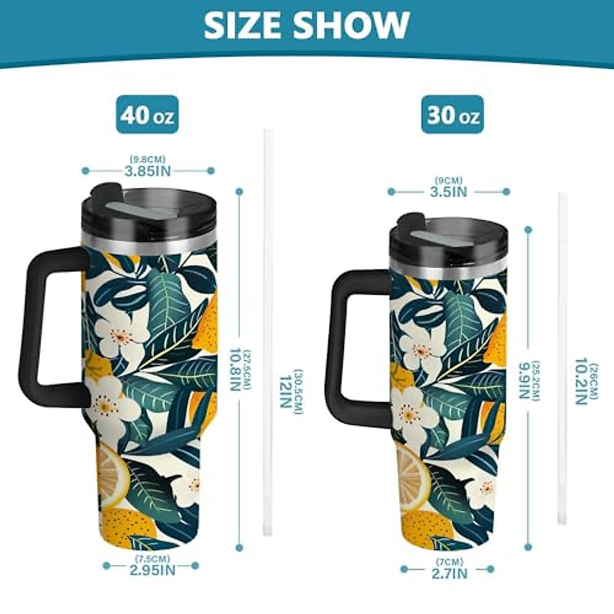 FRCSDIY Leaf Lemon Insulated Tumbler with Handle and Straw Lid,30oz Leakproof Stainless Steel Cup BPA-Free Water Bottle