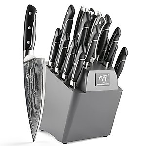 18 Pieces Damascus Kitchen Knife Set, 8 Piece Steak Knives, Non-slip ABS Ergonomic Triple Rivet Handle for Meat Fork, Knife Sharpener and Shears, 17 Slots Fraxinus Manchuria Knife Block (Grey)
