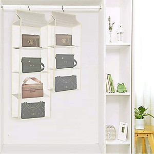 souG 2 Pack Hanging Handbag Purse Organizer for Closet, Purse Bag Storage Holder for Wardrobe Close with 1pcs 4 Shelves Space and 1pcs 3 Shelves Space Saving Purse Organizers System (Beige)