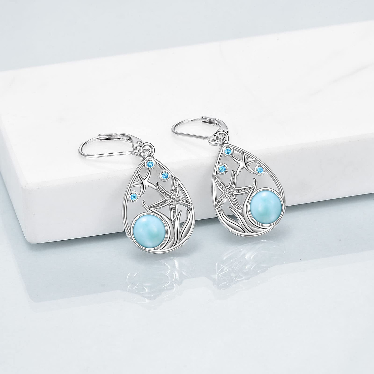 Starfish Beach Earrings for Women Sterling Silver Larimar Teardrop Earrings (larimar)