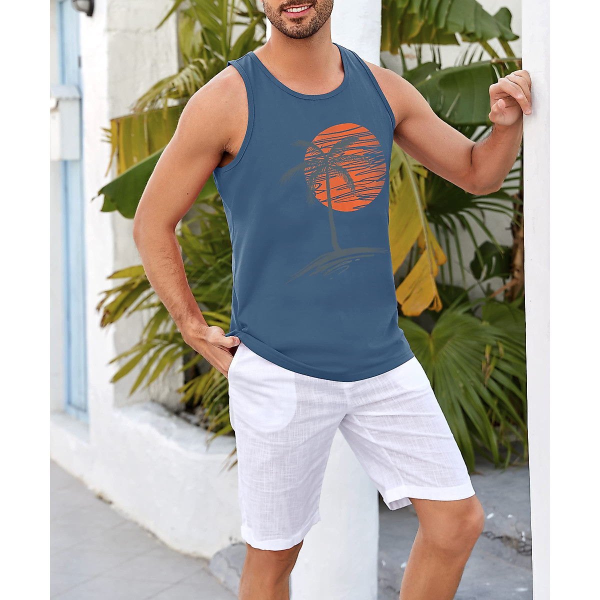 Damorong Mens Sleeveless Tank Tops Workout Gym Shirts Palm Tree Vintage Style T-Shirt Blue