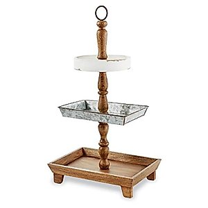 Mud Pie Wood and Tin Tiered Server, 25" x 13" x 8 1/2", Multicolor