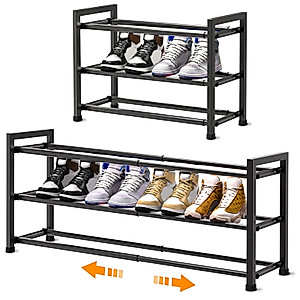 Bumusty Expandable Shoe Rack for Closet, Adjustable Small Shoe Rack for Entryway, Shoe Rack for Closet Small Space, Extendable Shoe Organizer for Front Door,Sturdy Metal Shoe Rack, Black 3-Tier