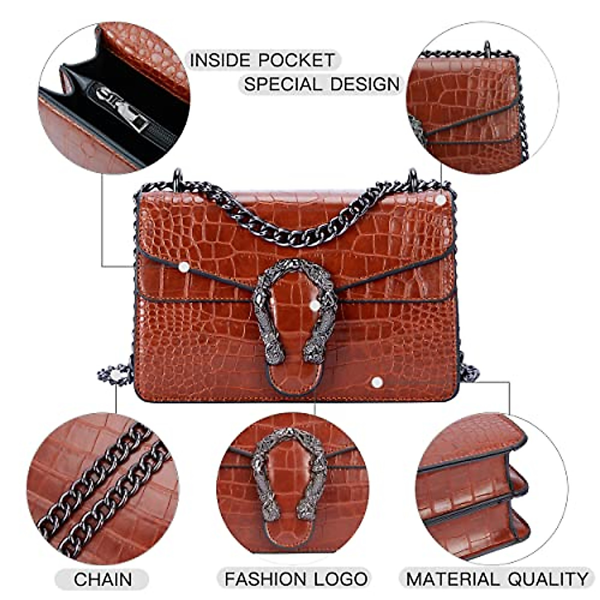 GLOD JORLEE Women's Stylish Chain Strap Crossbody Shoulder satchel Bags -Classic Stone Pattern Crocodile Pattern Leather Square Flap Handbag (Brown)