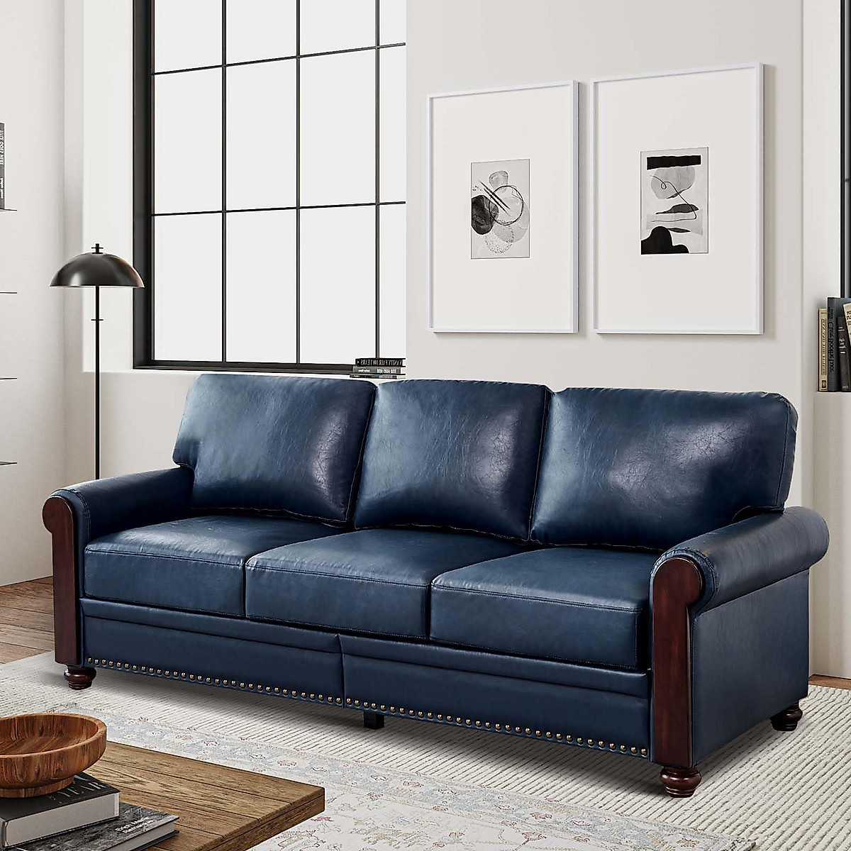 HULALA HOME 81'' Faux Leather Sofa with Nailhead Trim and Wood Decor Rolled Arms, Modern Living Room 3-Seater Couch, Navy Upholstered Couch with Removable Backrest for Bedroom Apartment
