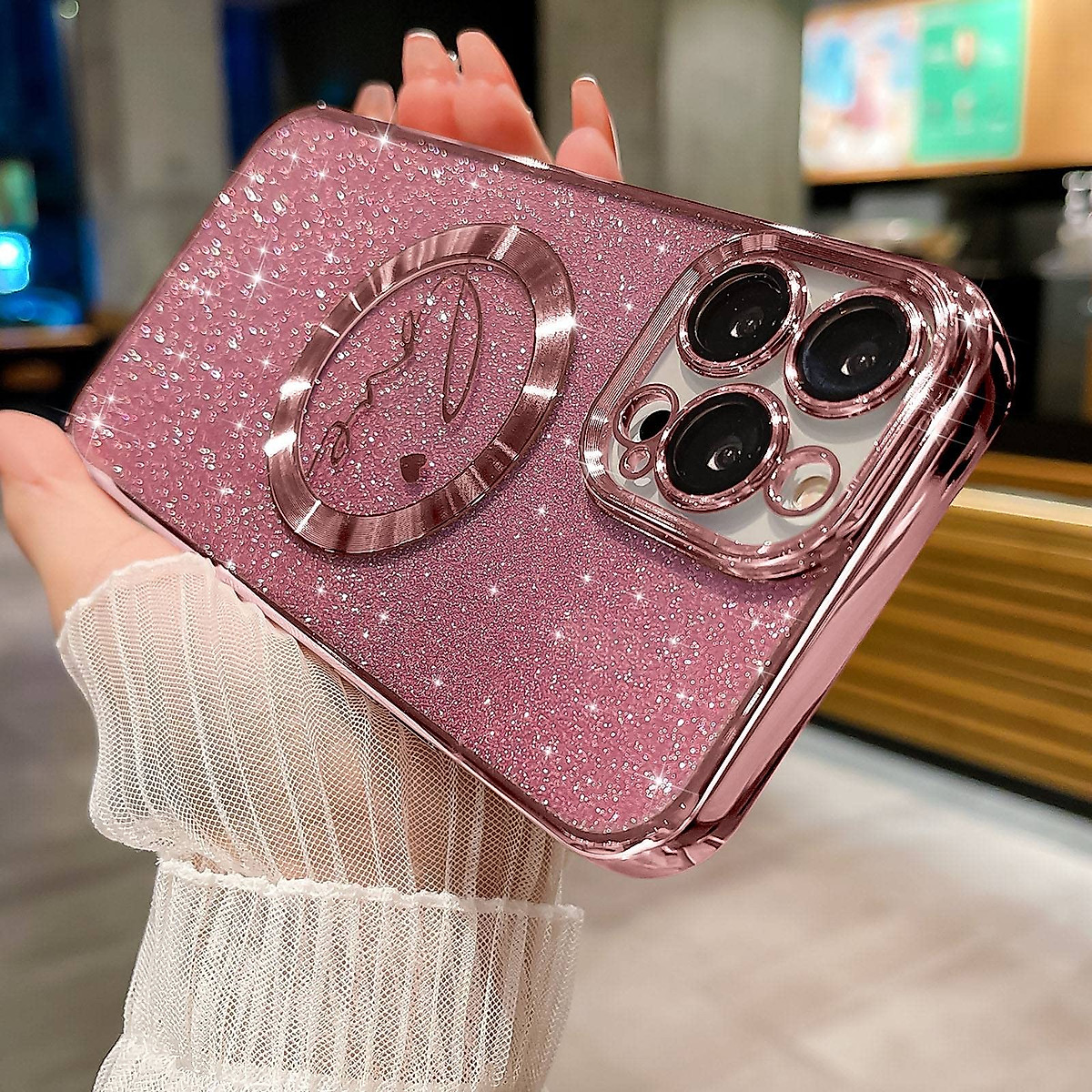 MGQILING Compatible with iPhone 13 Pro Max Magnetic Glitter Case-6.7 Inch, Luxury Love Heart Pattern Plating Clear Case, Compatible with MagSafe for Women Girls Shockproof Back Cover-Pink