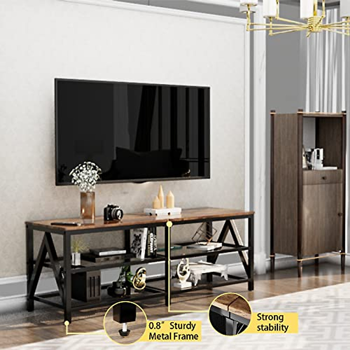 Katrawu TV Stand for TV up to 65 Inch, Long 55" TV Cabinet with 3-Tier Storage Shelves,Entertainment Center TV Console Table for Living Room with Industrial TV Metal Frame, Rustic Brown