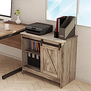 Landia Home Farmhouse Accent Cabinet, End Table, Modern Bed Side End Table with Barn Door and Shelf, Nightstand for Bedroom, Living Room, Grey