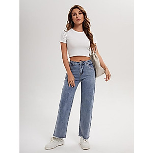 PEIHOT 90S Wide Leg Pants for Women Stretchy Mid Waisted Raw Hem Straight Leg Jeans Denim Pants 2023 Trendy Light Blue