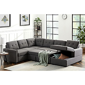 U-Shaped Corner 6 Seater Sofa & Couch Convertible Sleeper Sectional Sofa with Pull Out Sofabed & Sleeper Couch Bed and Storage Chaise for Home Office Apartment Living Room Furniture Sets, Dark Gray