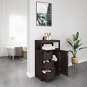 Yaheetech Wood Bathroom Floor Cabinet with 3 Drawers &1 Cupboard, Free Standing Storage Organizer Hallway Entryway Cabinet for Living Room Kitchen, Espresso
